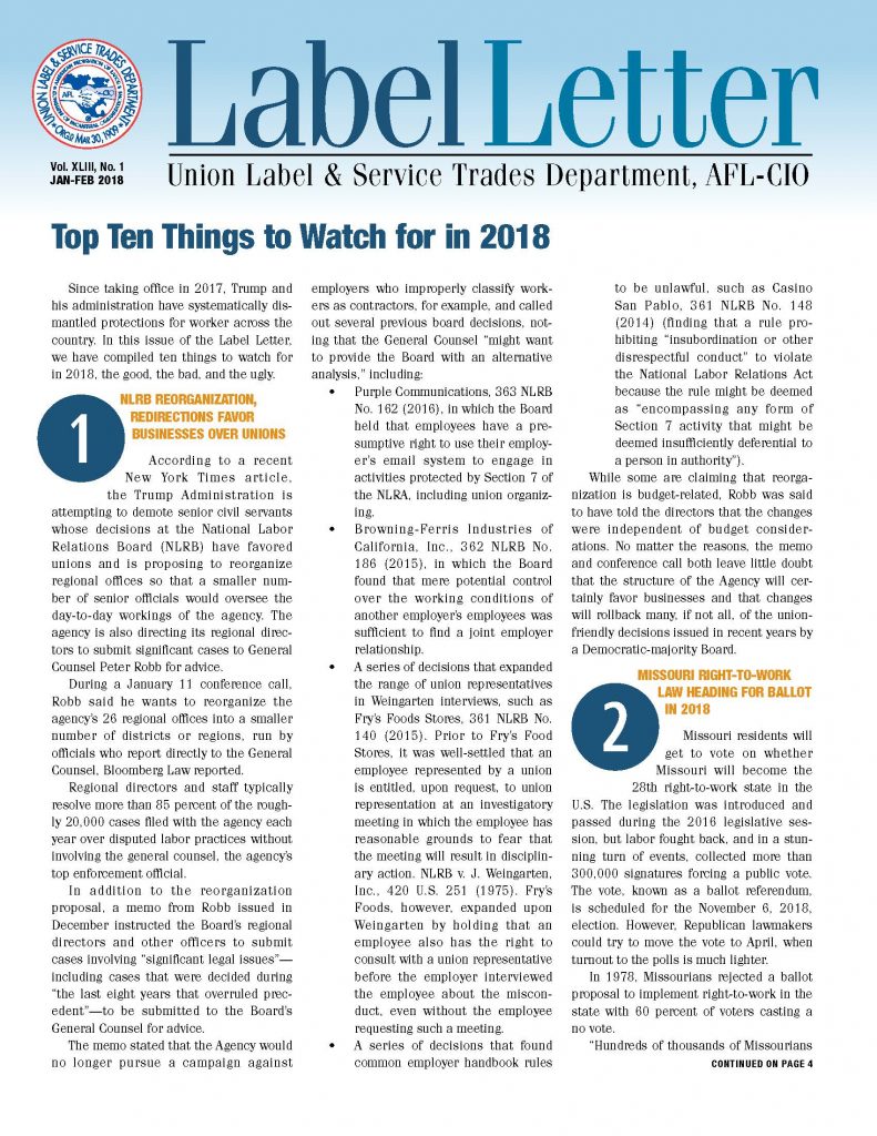 Label Letter — Jan-Feb 2018 | Union Label and Service Trades Department ...